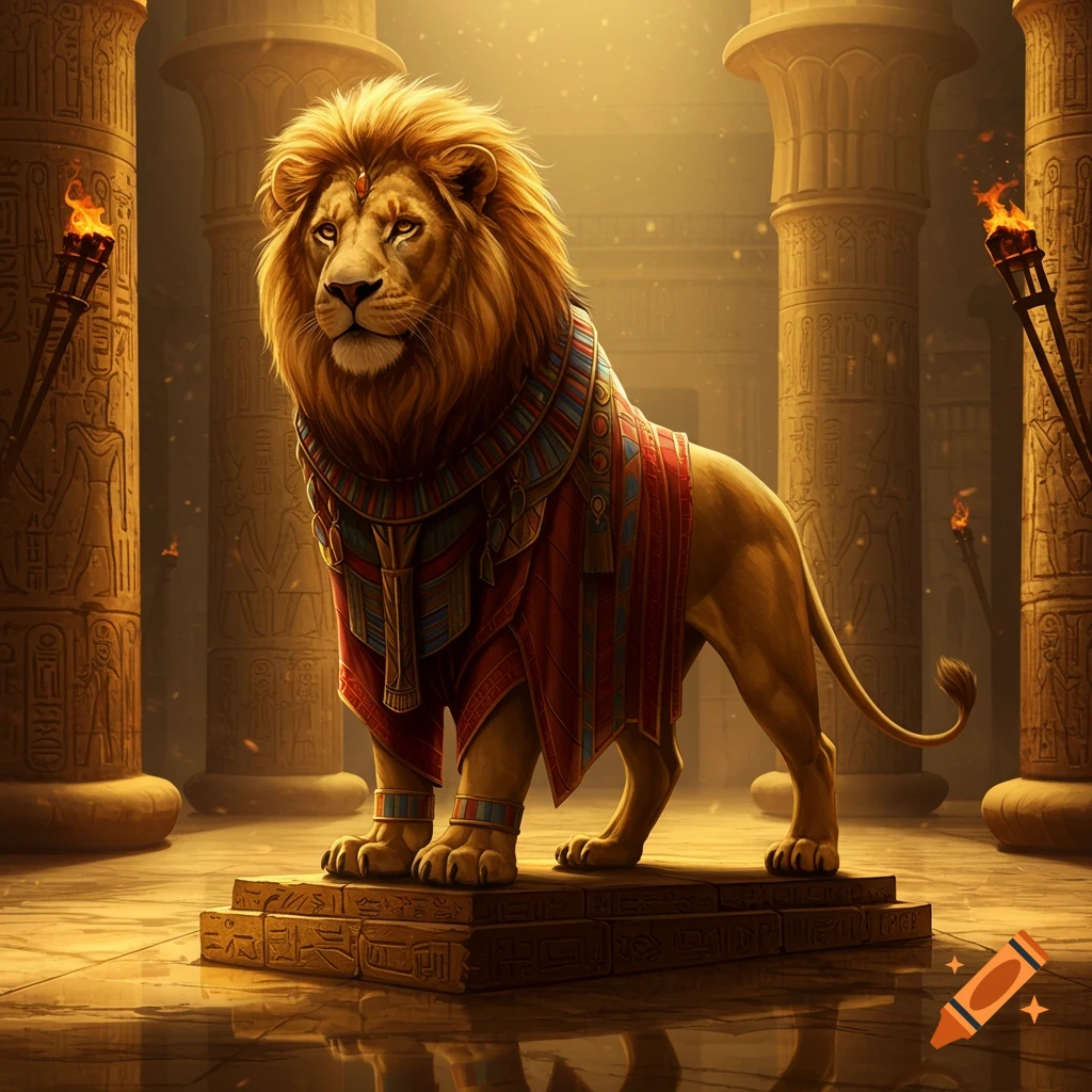 A majestic lion in ancient Egyptian-style robes stands on a pedestal in ...