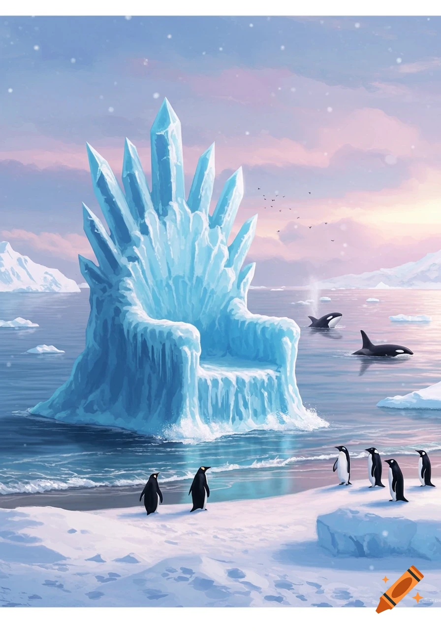 An ice throne sits in an arctic sea with penguins on a snowy beach and ...