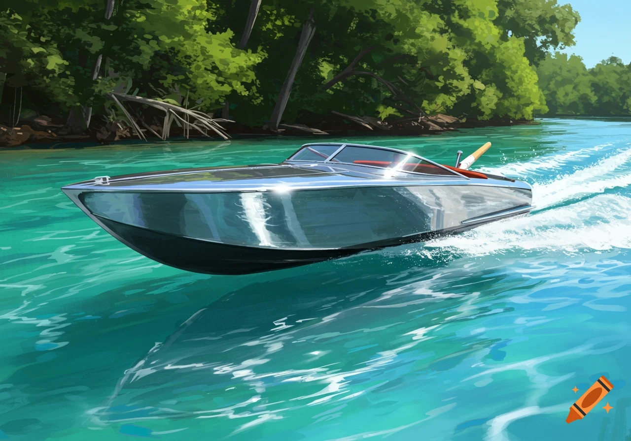 A shiny chrome cigarette boat races across a bright turquoise river ...