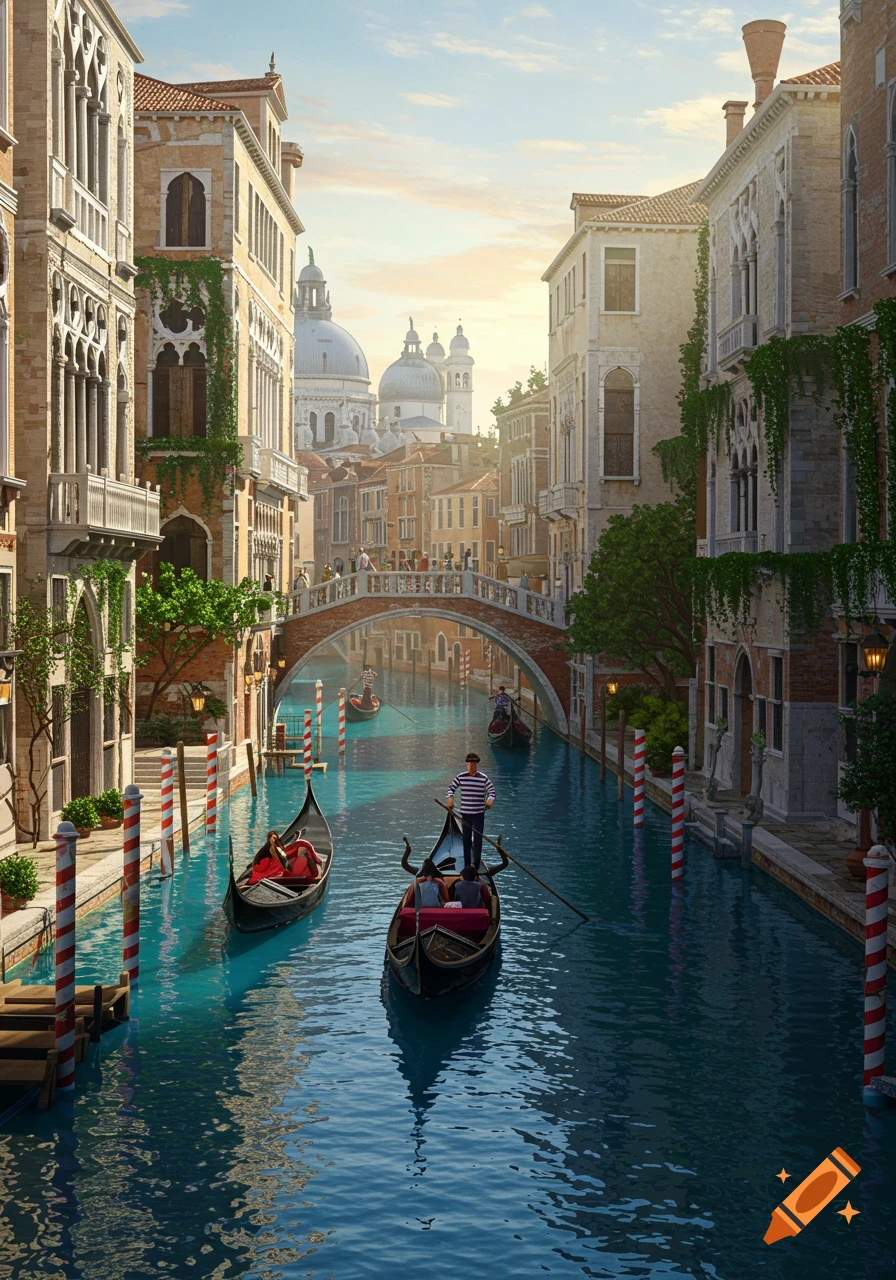 Photorealistic scene of Venice canals with gondolas, historic buildings ...