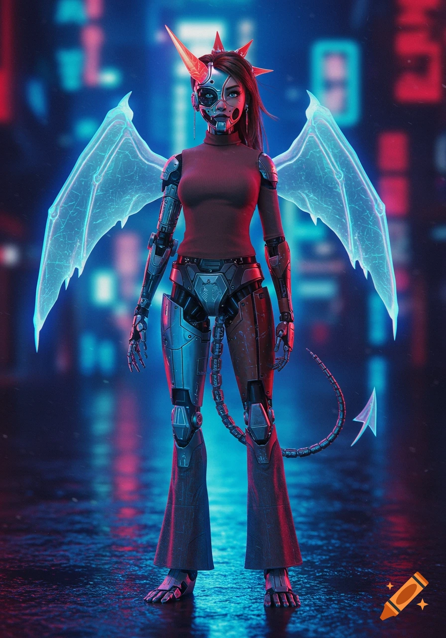 A full-body shot of a cyberpunk cyborg with red demon horns, glowing ...