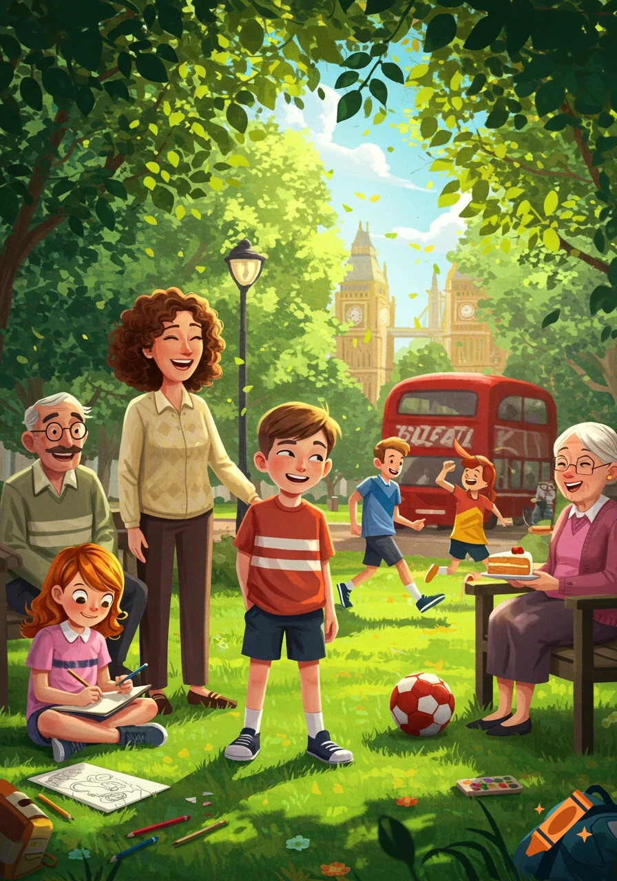 A cartoon illustration of a happy multi-generational family in a sunny ...
