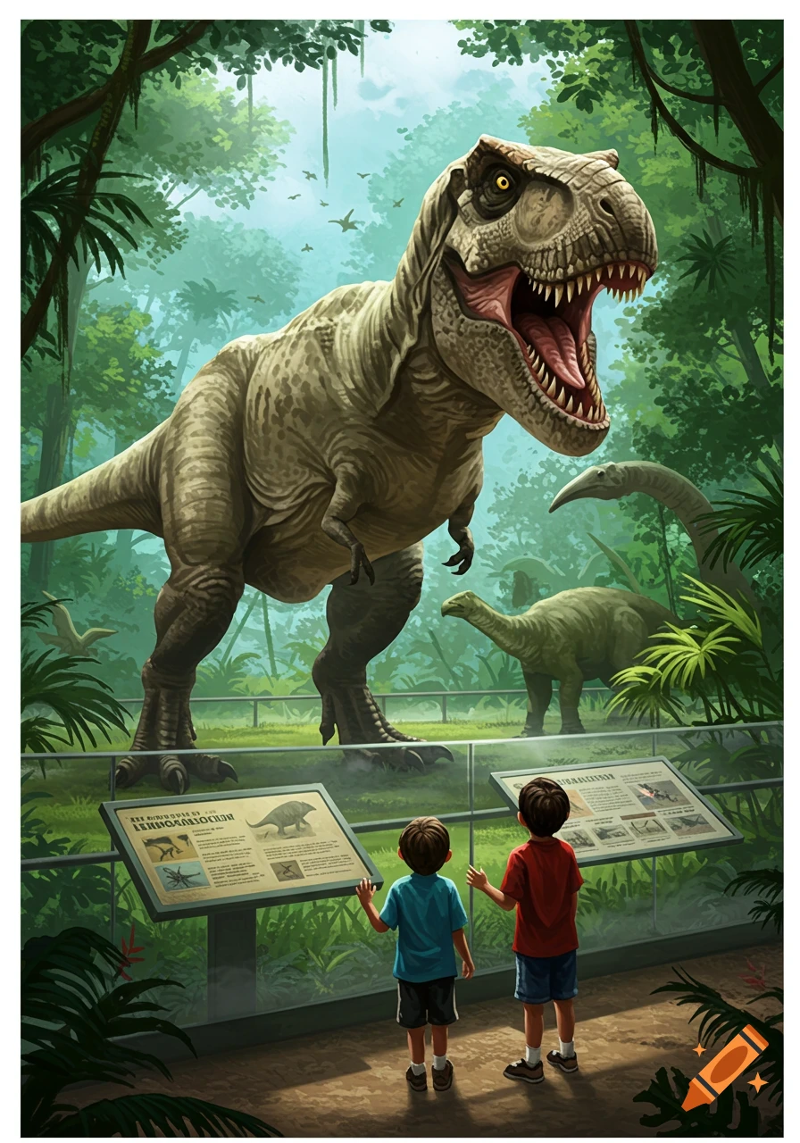 Two children gaze at a roaring T-rex and other dinosaurs in a vibrant ...
