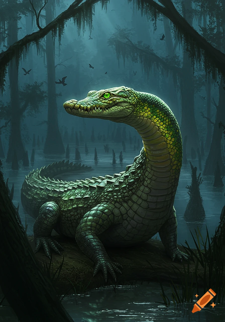 A green alligator with red glowing eyes partially submerged in dark ...