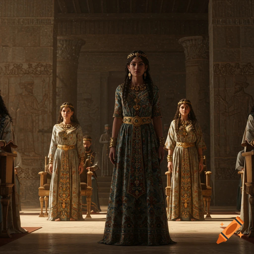 Achaemenid women in elaborate ancient Persian gowns and jewelry stand ...