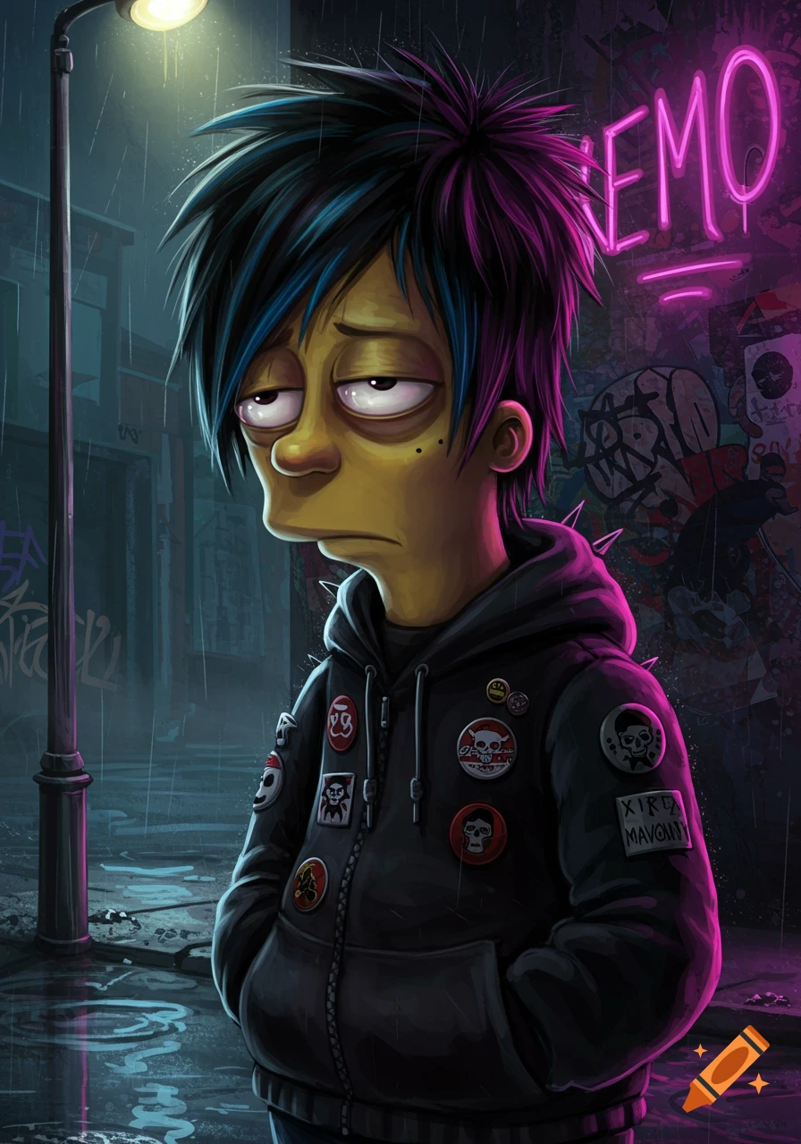 A sad, stylized cartoon character with spiky black and blue hair ...
