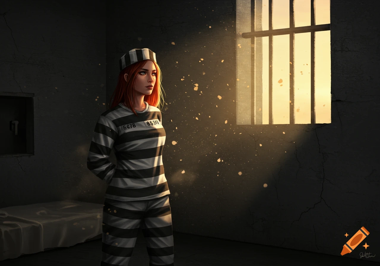 A red-haired woman in a striped prison uniform stands in a dark cell ...