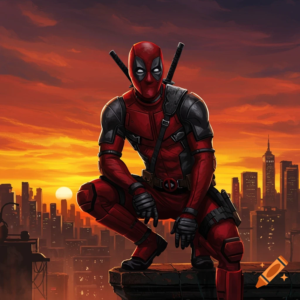 Deadpool, in his red and black suit, crouches on a rooftop overlooking ...