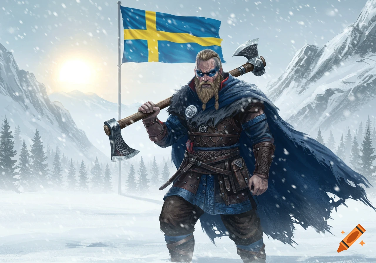 A rugged Viking with a braided beard and blue eyes holds two axes ...