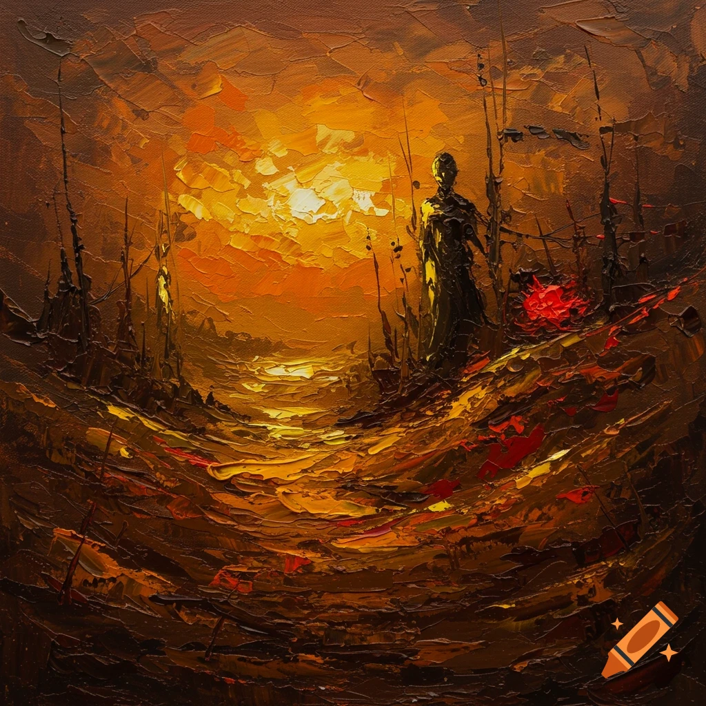 An impasto oil painting of an abstract figure standing in a textured ...