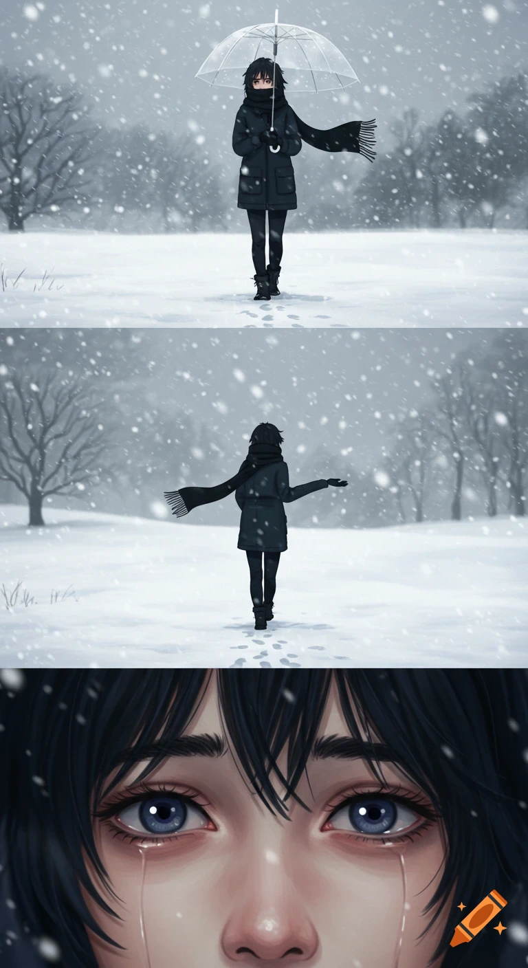 Three-panel anime illustration of a young woman in a snowy landscape ...