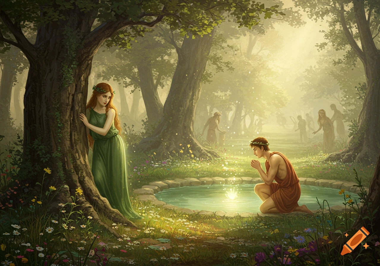 A Renaissance-style painting of Echo peeking from behind a tree ...