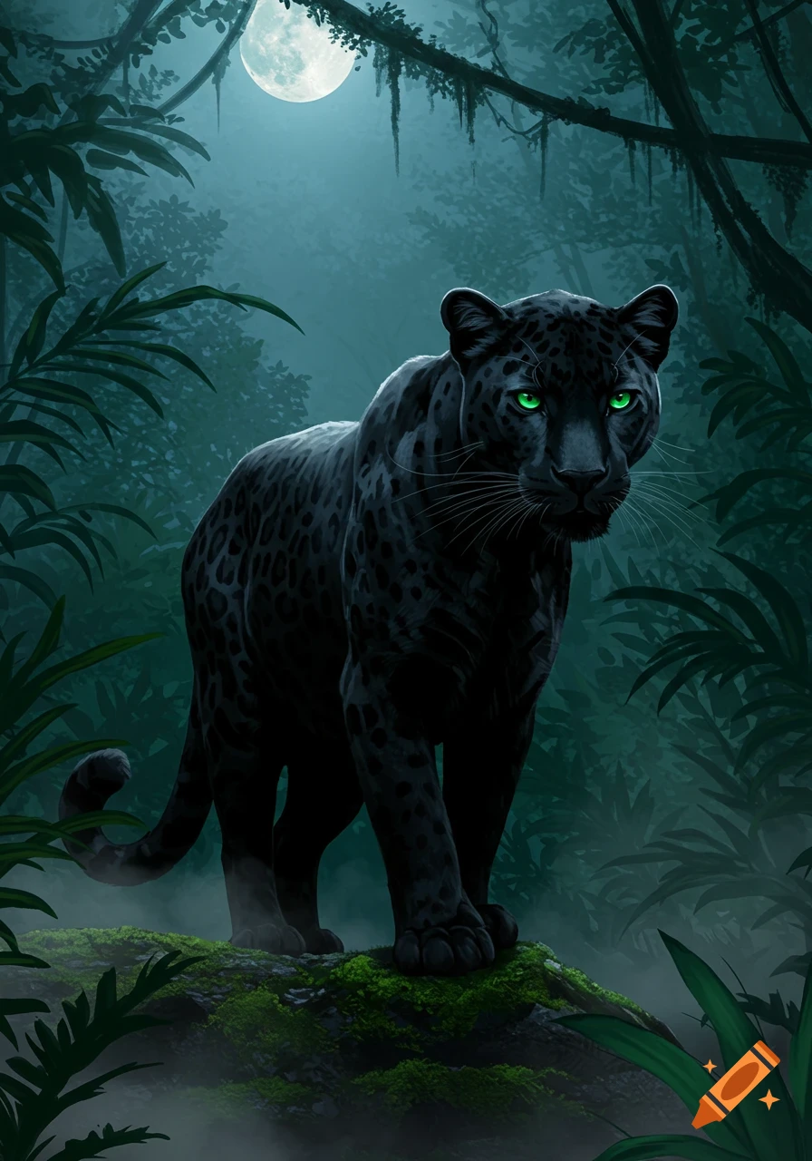 A majestic black leopard with glowing green eyes stands on a mossy log ...