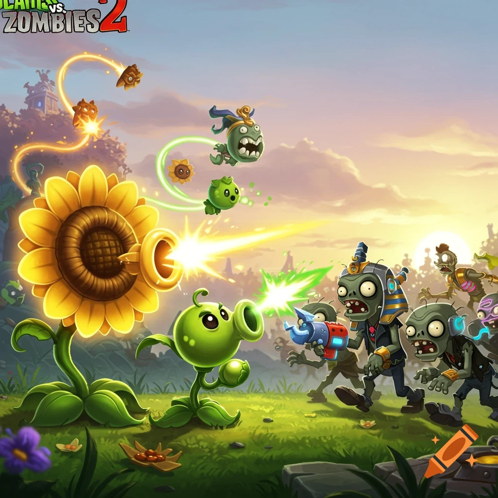 A cartoon battlefield scene from Plants vs. Zombies 2, with a sunflower ...