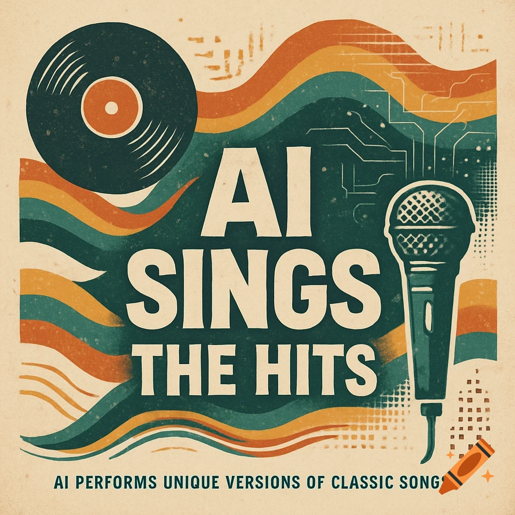 Retro album cover for 'AI Sings The Hits' with a vinyl record ...