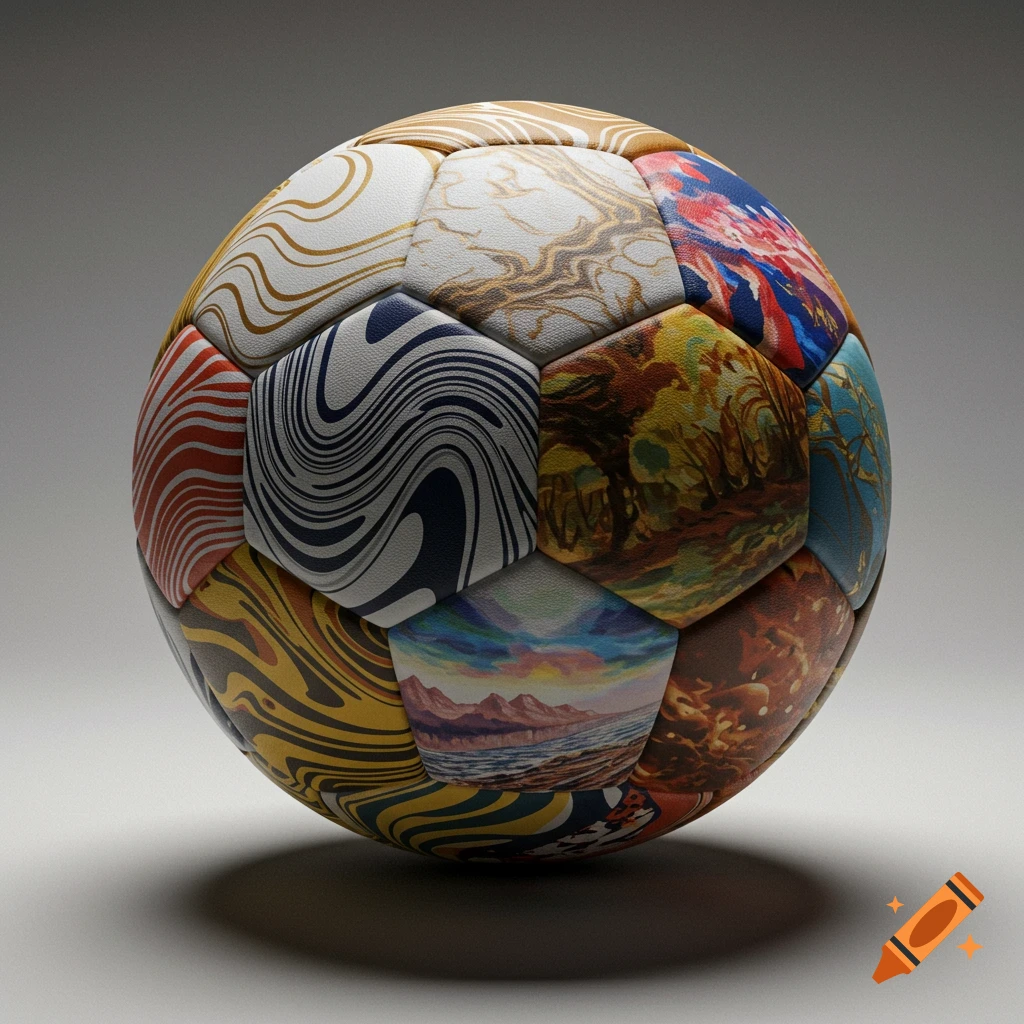 A photorealistic soccer ball with hexagonal panels, each adorned with ...