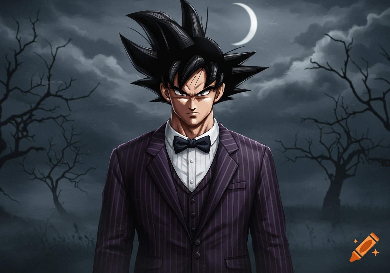 Anime-style Goku in a pinstripe suit and bow tie, with a stern face, in ...