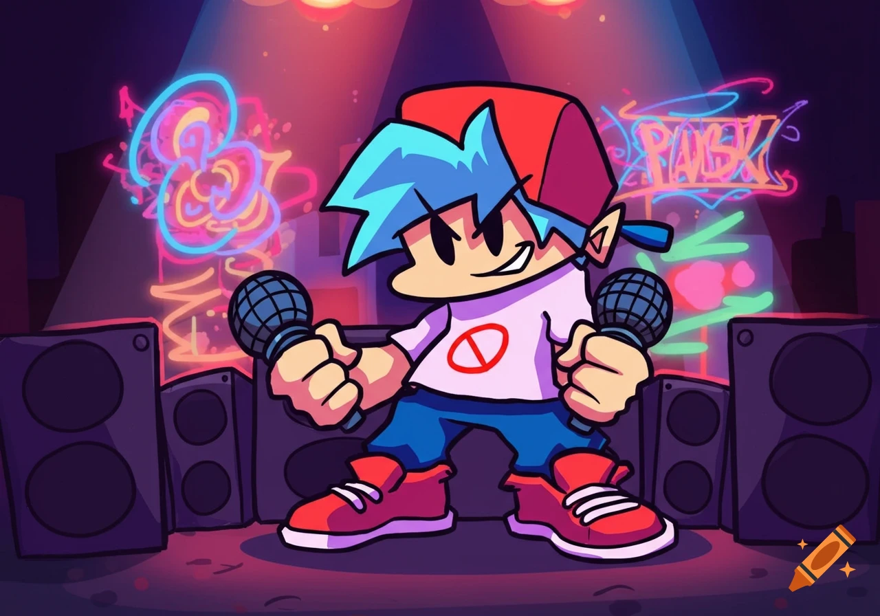 Boyfriend from Friday Night Funkin' holds two microphones on a stage ...