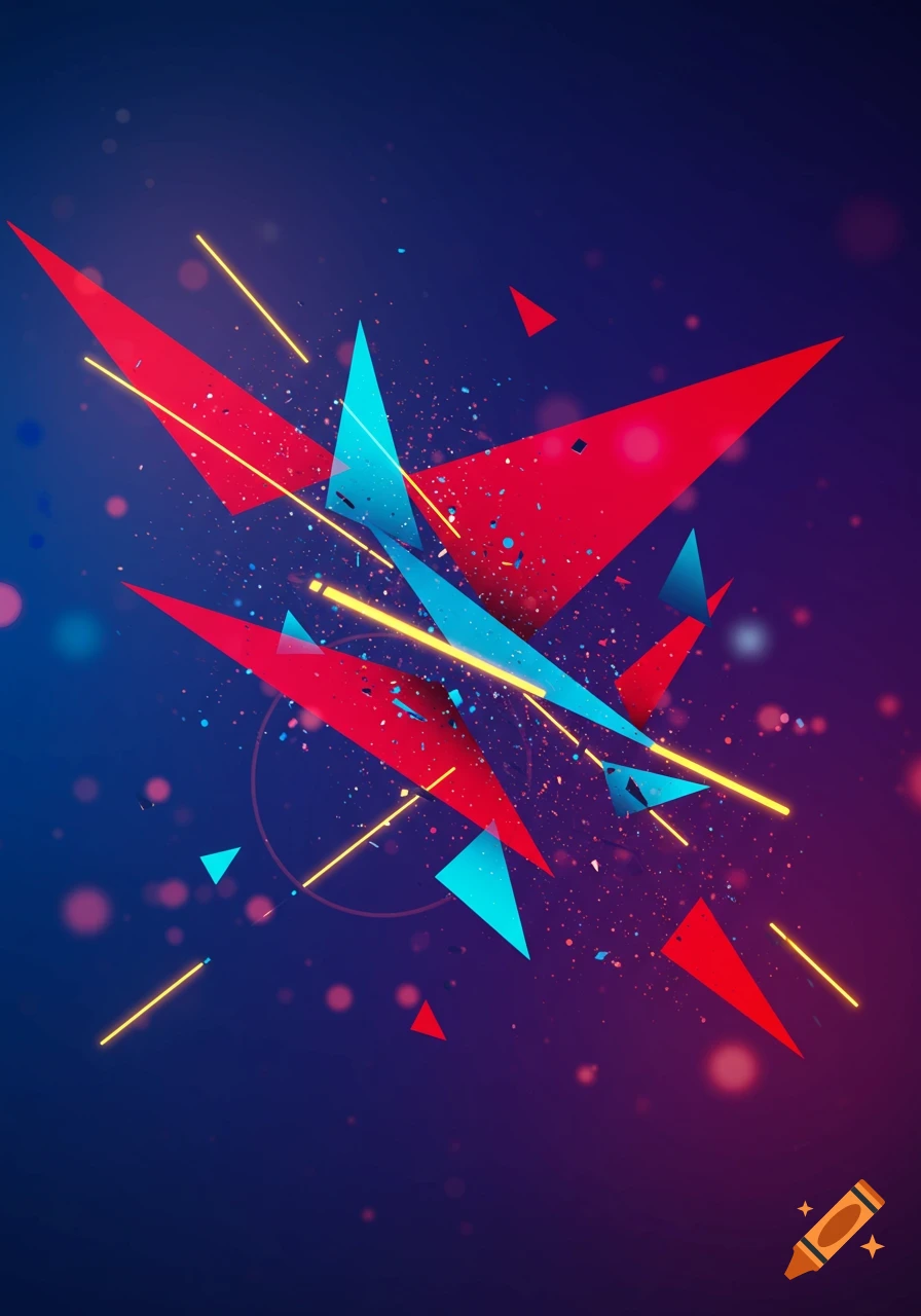 Abstract geometric design with red and blue triangles, yellow lines ...