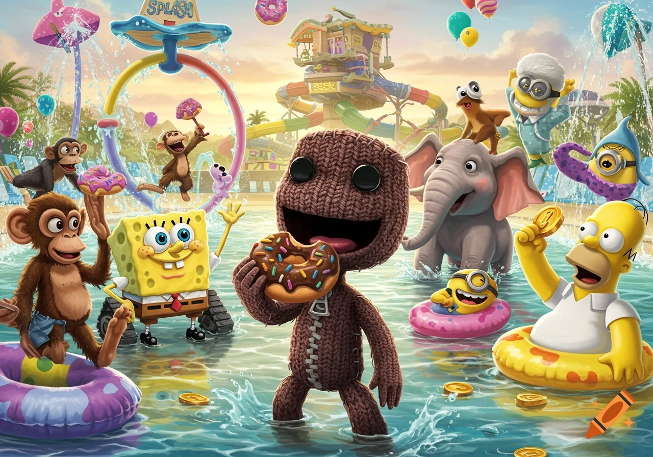 Sackboy, SpongeBob, Homer Simpson, Minions, elephants, and monkeys play ...