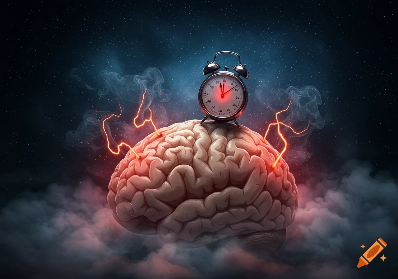 A stylized human brain with an antique alarm clock on top, surrounded ...