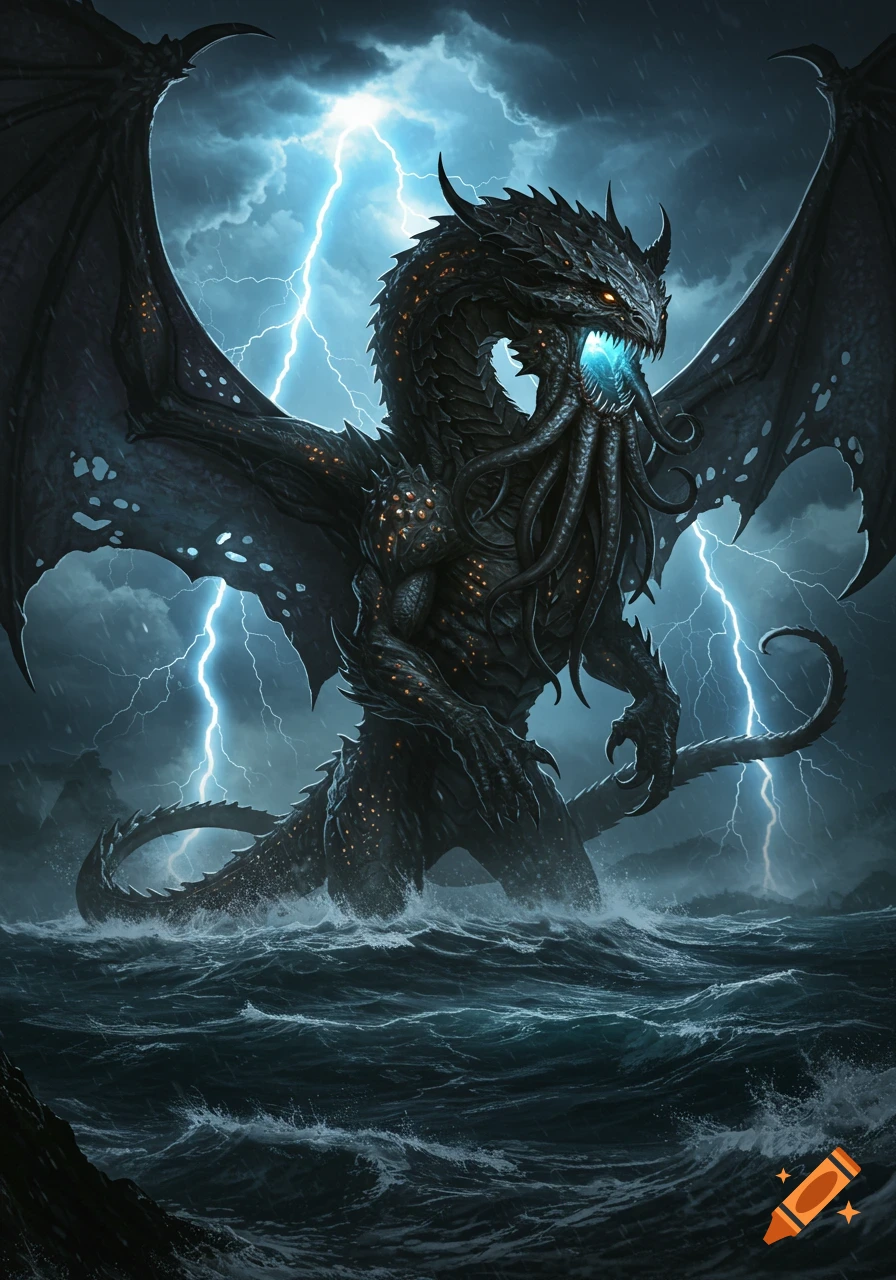 A towering dark demon monster with glowing red cracks emerges from ...