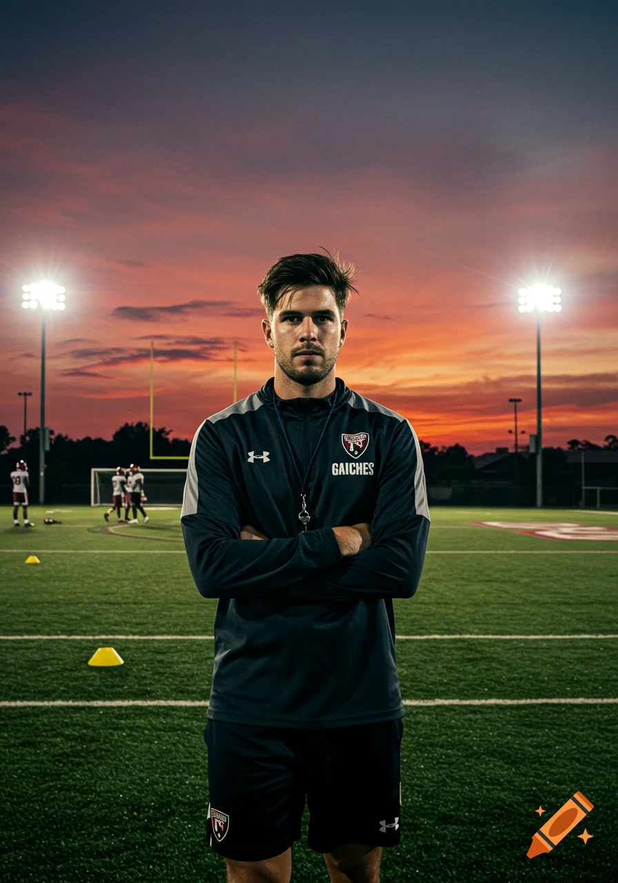 Photorealistic portrait of a young male soccer coach with crossed arms ...