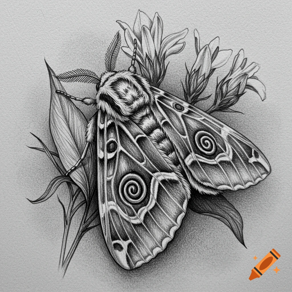 Detailed black and white pencil drawing of a moth with patterned wings ...