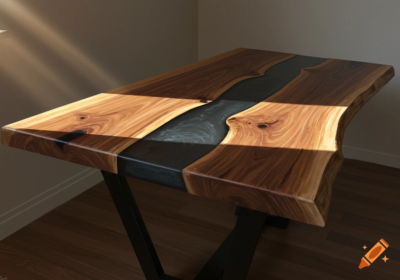 Photorealistic walnut live edge desk with a black epoxy river, on a ...