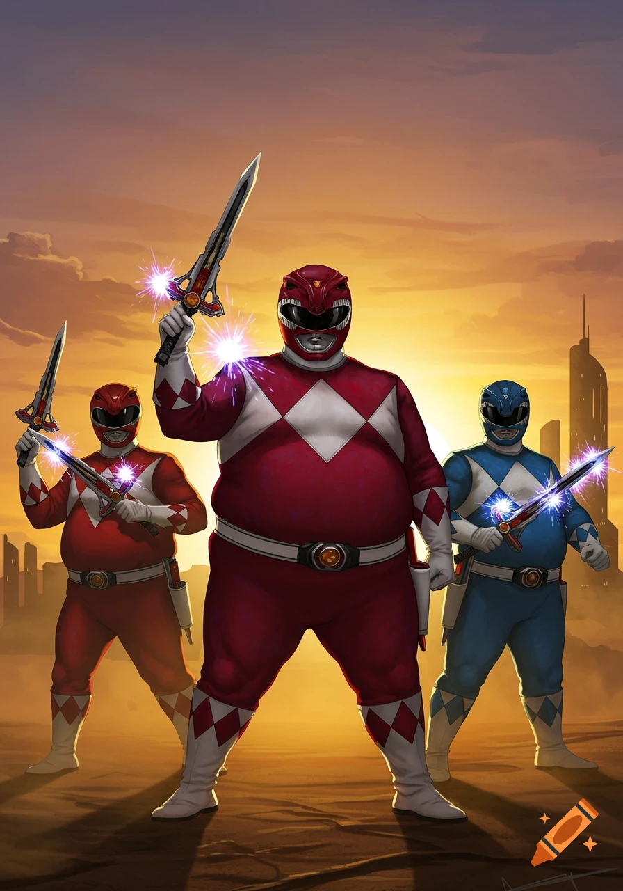 Three overweight Power Rangers (two red, one blue) in suits hold ...