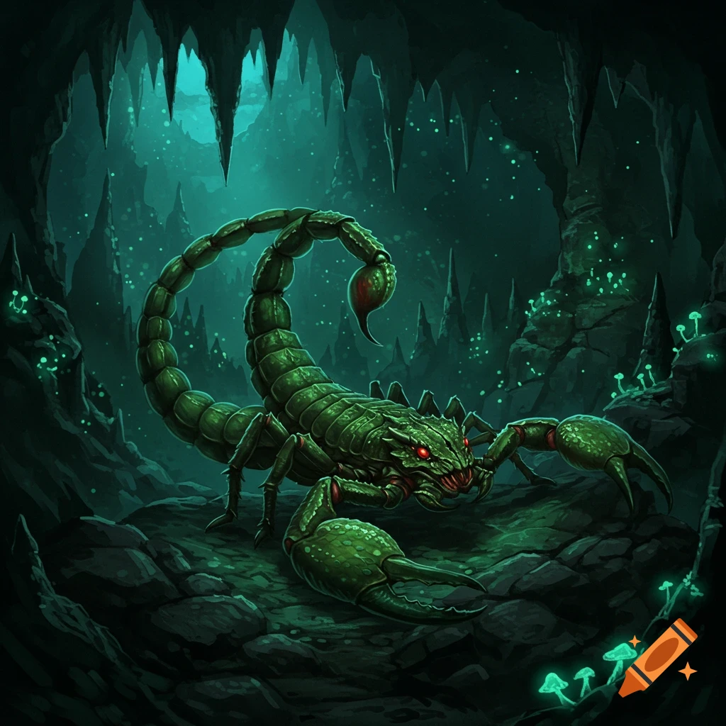 A massive, dark fantasy scorpion with two tails on cracked desert ...