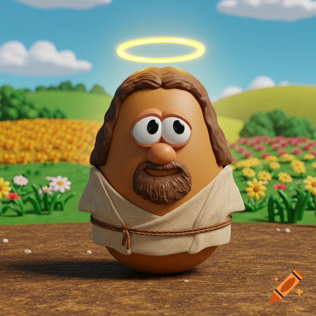 A cartoon potato character of Jesus with a halo, beard, and robe ...