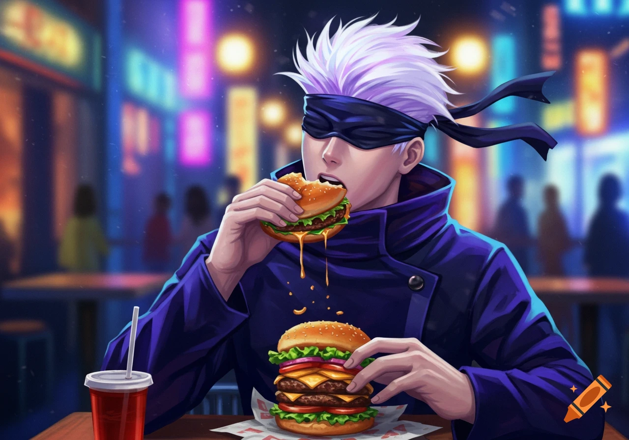 Anime character Gojo Satoru, blindfolded, eating a burger at night in a ...