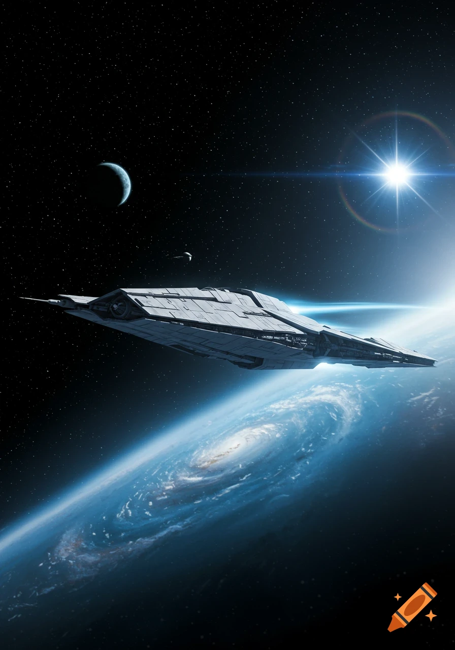 A sleek spaceship with glowing blue thrusters flies above a blue planet ...