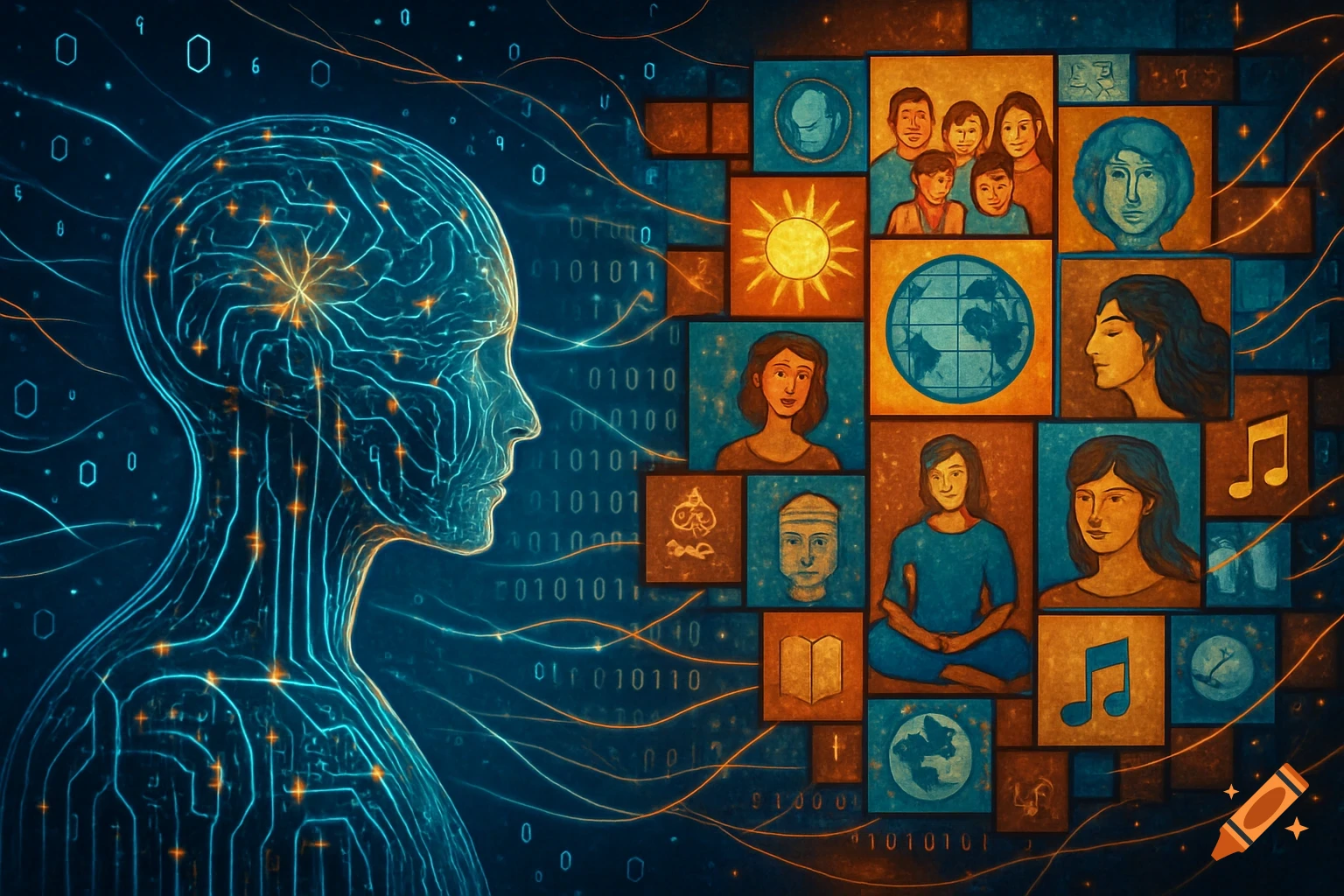 A laptop displaying a vibrant digital artwork with a glowing path ...