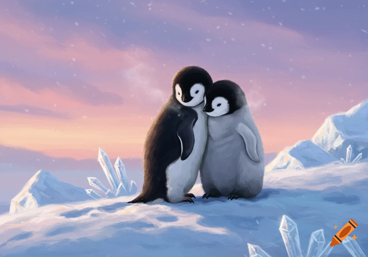 Two fluffy baby penguins hug each other in a snowy, icy landscape under ...