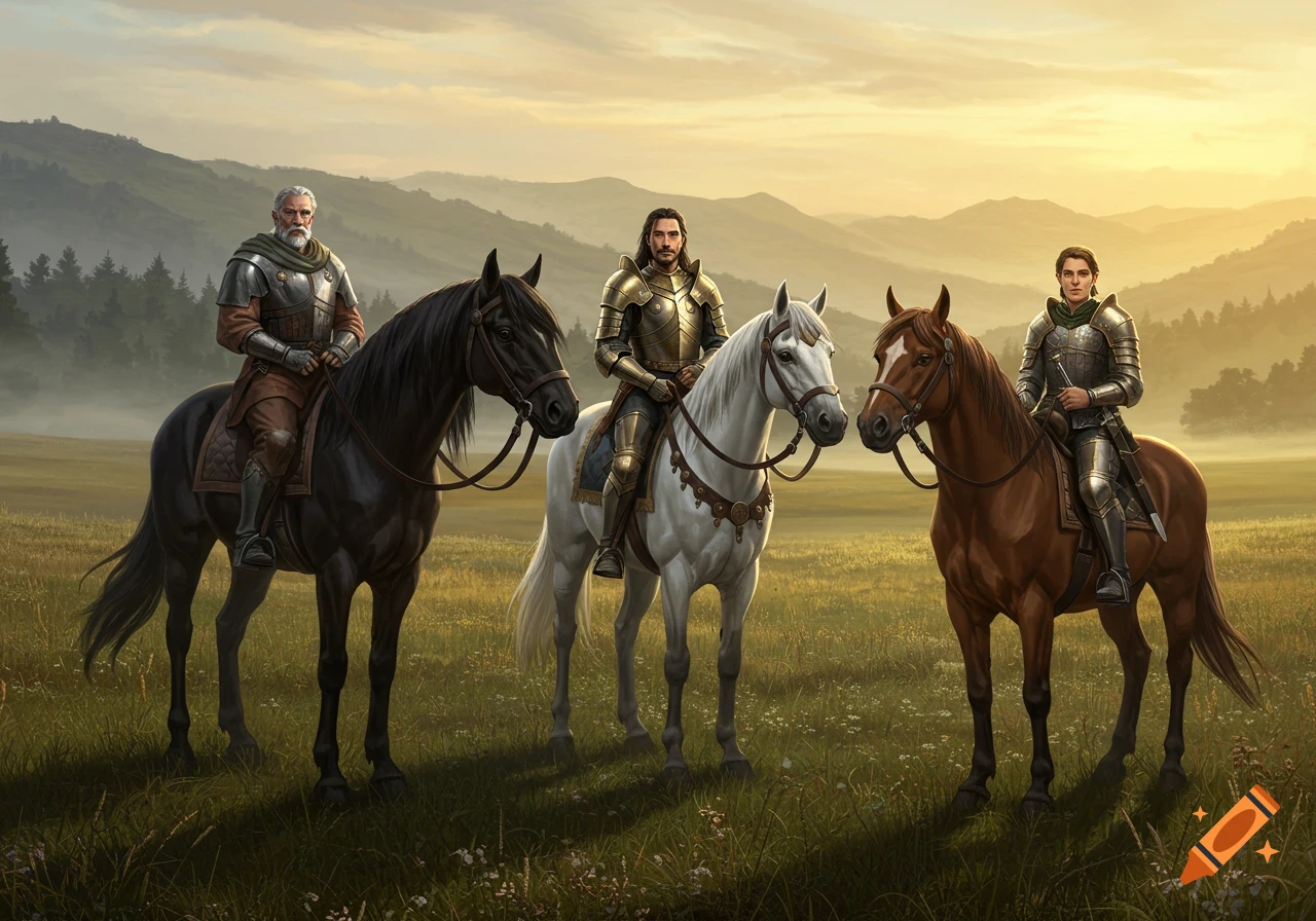 Three armored knights on a black, white, and brown horse stand in a ...