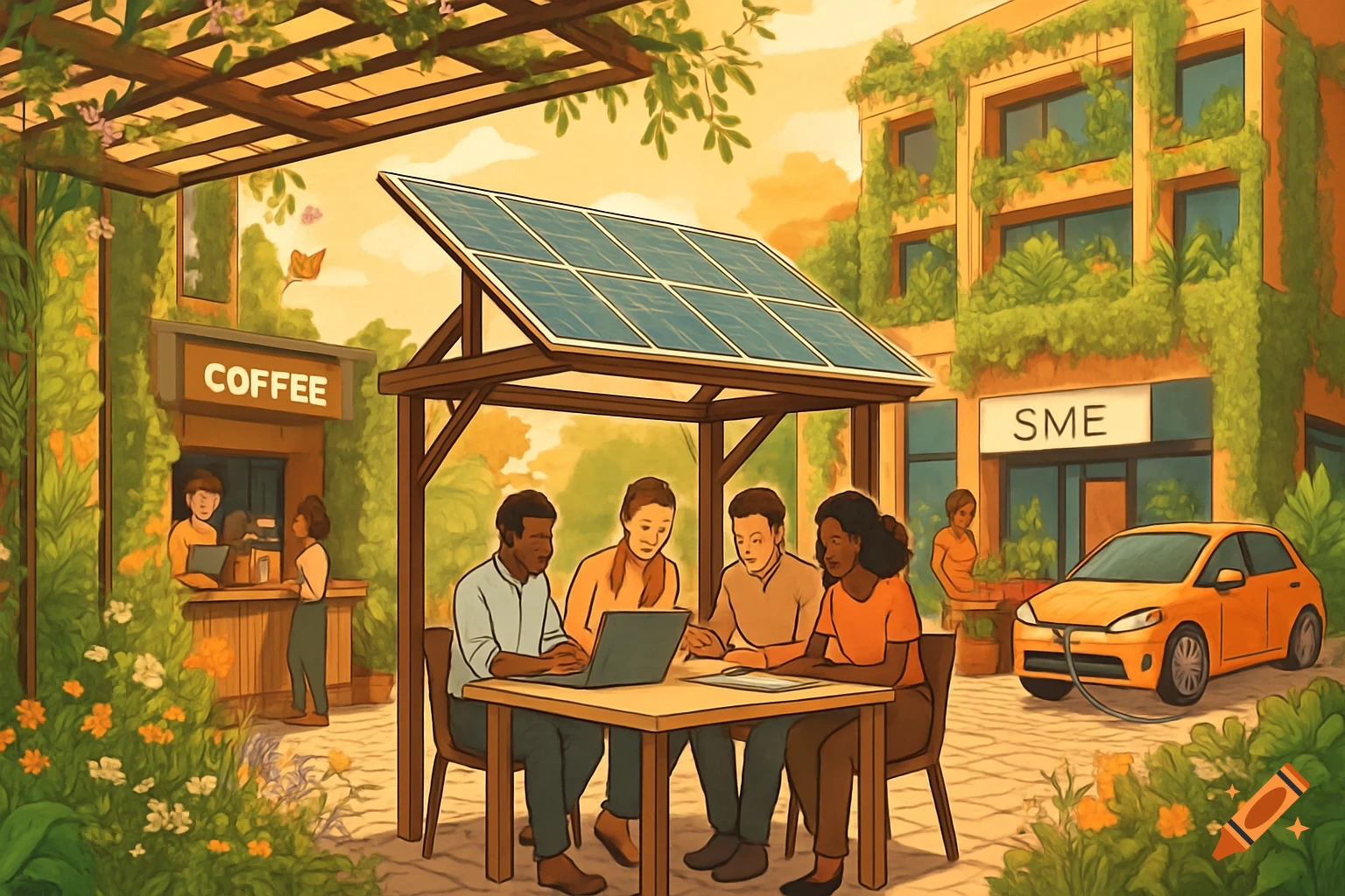 A cartoon illustration of a factory machine with a recycling logo ...