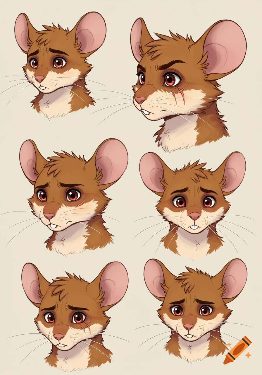 A reference sheet featuring six anime-style headshots of a brown and ...