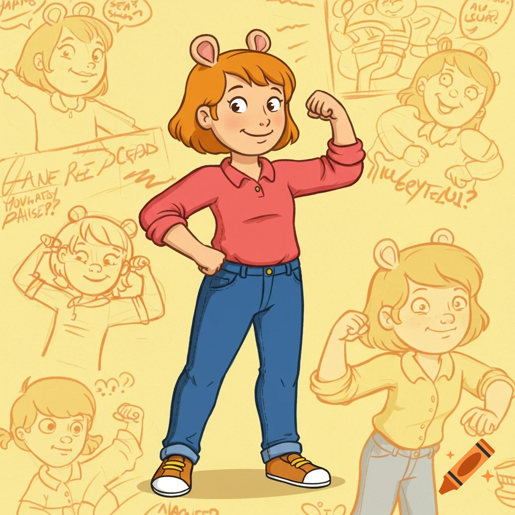 Cartoon of Jane Read from Arthur flexing in a red shirt and blue jeans ...