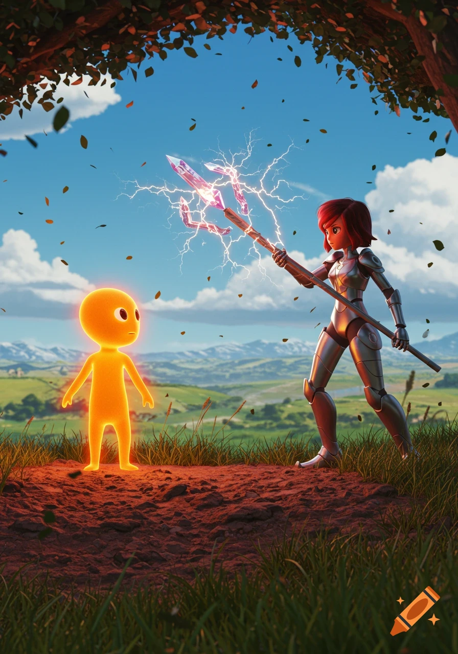 An orange glowing alien faces a female knight wielding a lightning ...