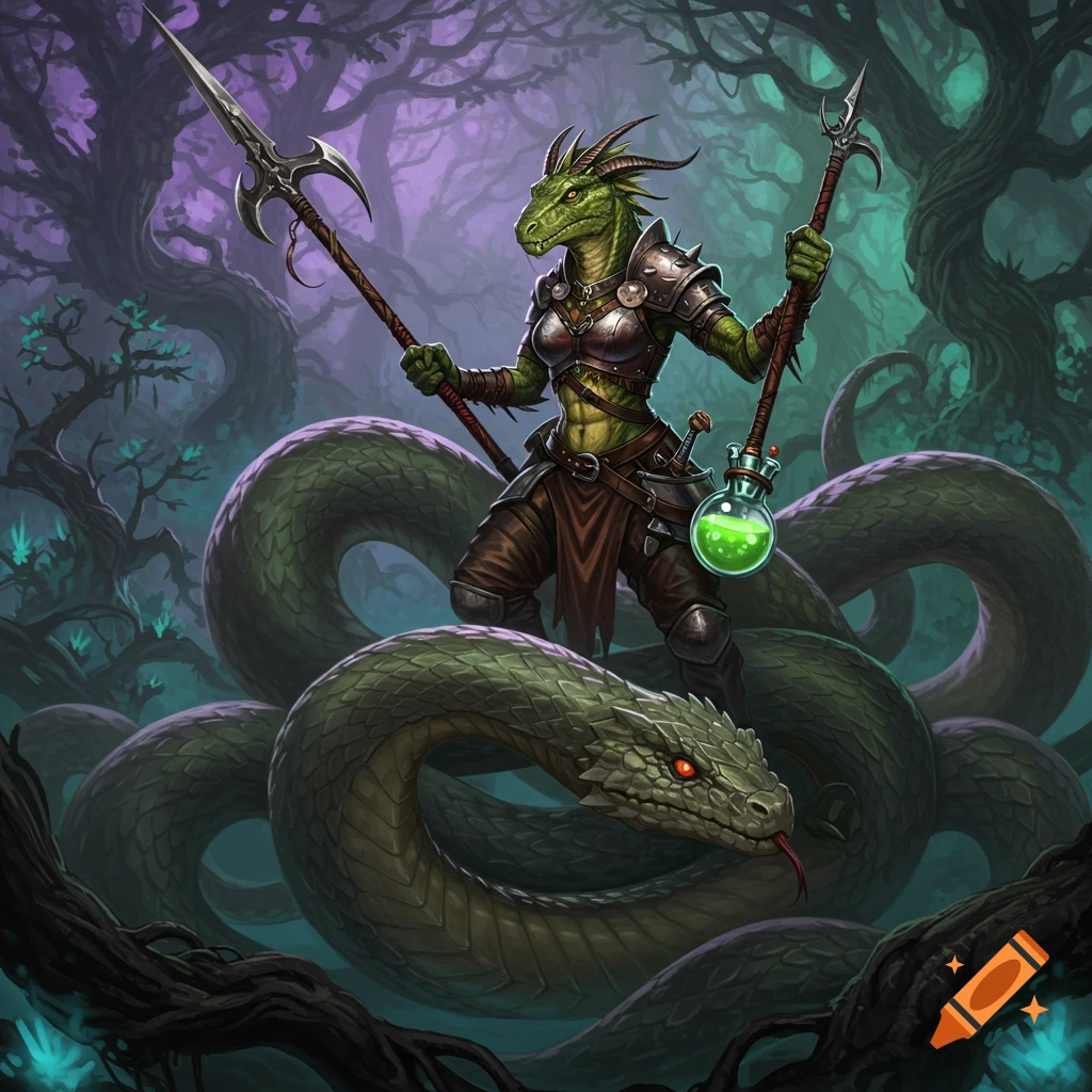 A green lizardwoman warrior in armor stands on a giant coiled green ...