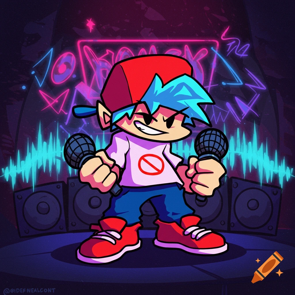 Cartoon character Boyfriend from Friday Night Funkin' stands on a dark ...