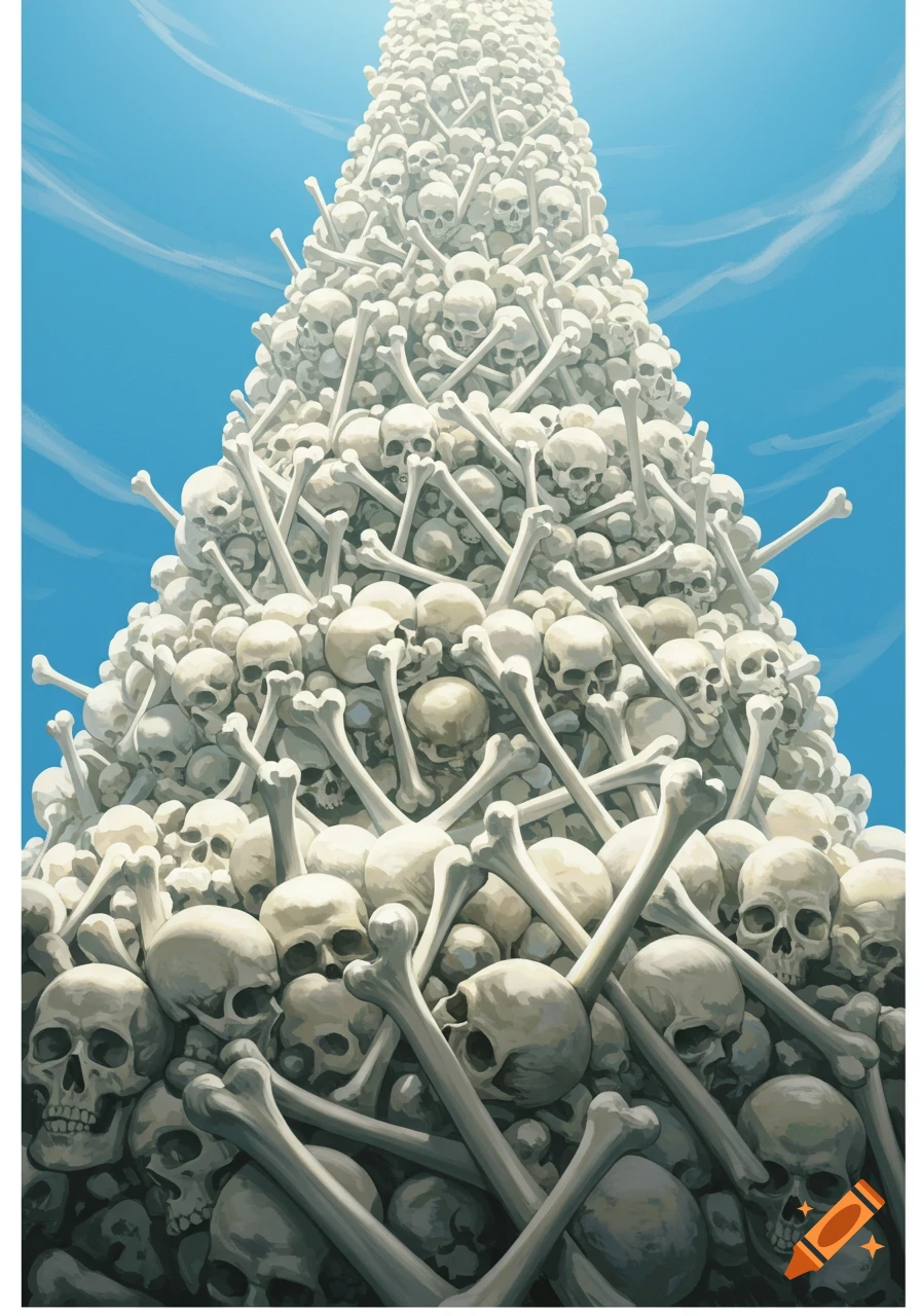 A massive, towering pile of stylized human skulls and bones against a ...