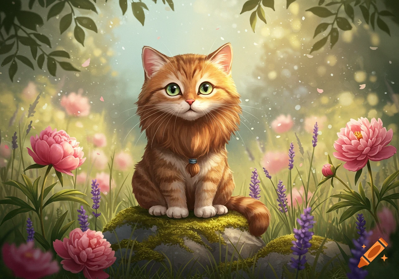 A fluffy ginger cat with a prominent beard-like mane sits on a mossy ...