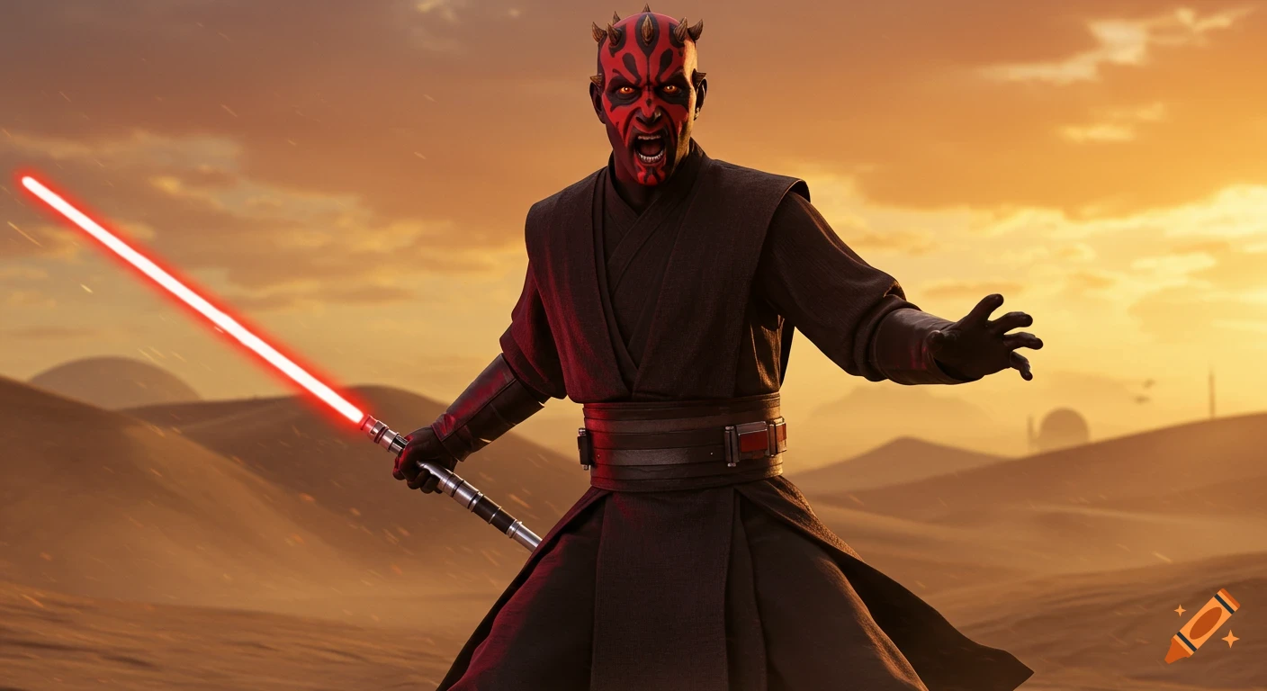 Photorealistic image of Darth Maul with a red lightsaber in a dynamic ...