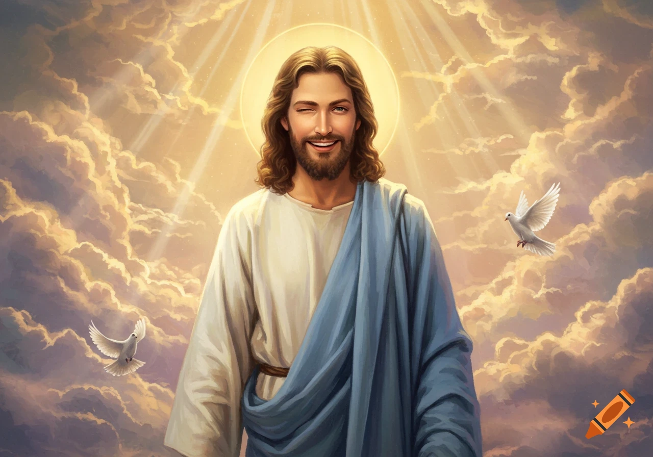 A vibrant digital painting of Jesus winking and smiling, surrounded by ...