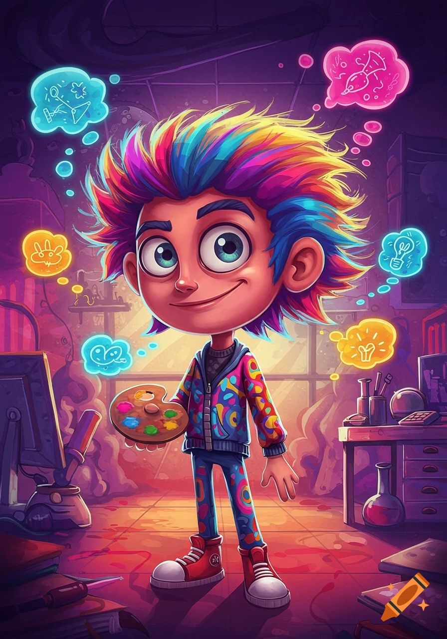 A vibrant cartoon boy with rainbow spiky hair holds a paint palette in ...