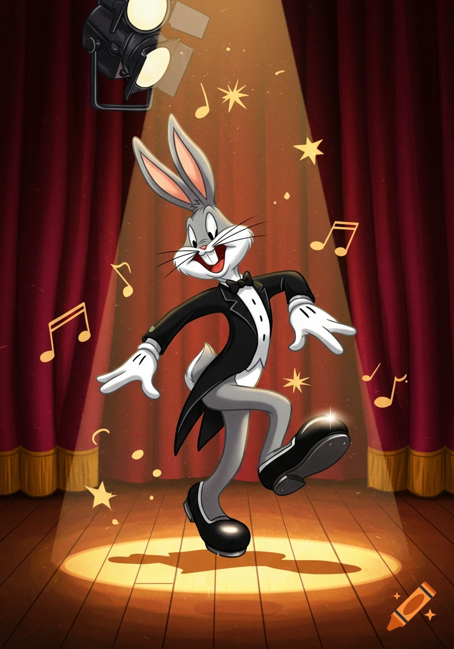 Bugs Bunny in a tuxedo tap dancing on a spotlighted stage with red ...