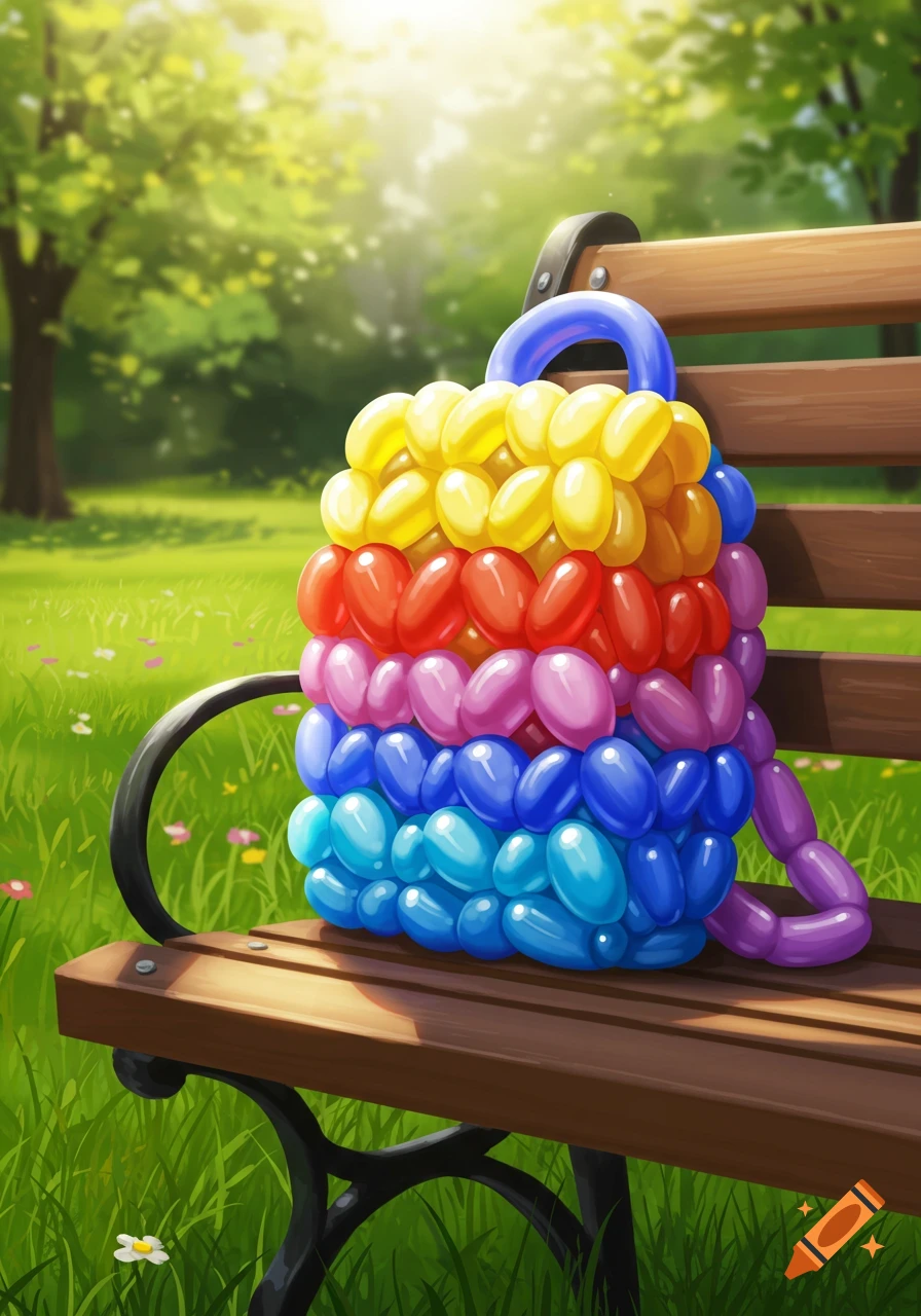 A colorful backpack made of numerous balloons, in various shades of ...